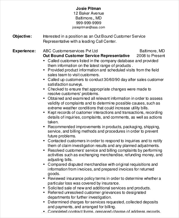 Customer Service Representative Resume - 9+ Free Sample, Example, Format