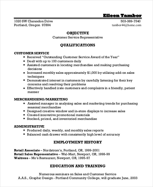 Customer Service Representative Resume - 9+ Free Sample, Example, Format