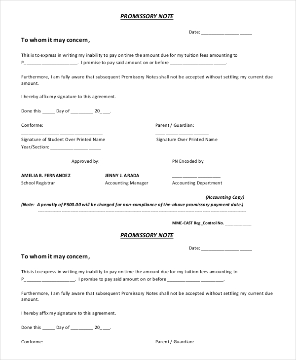 Promissory Note For Tuition Fee Down Payment