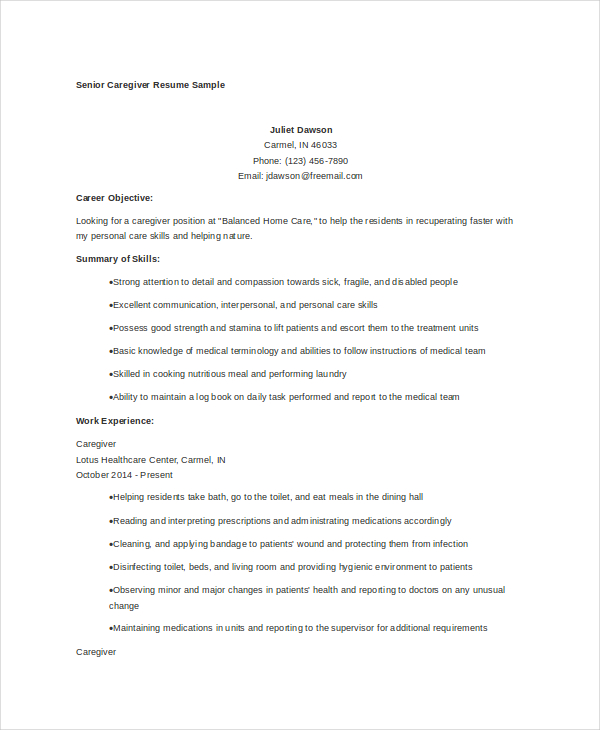 Caregiver Resume Example - 7+ Free Word, PDF Documents Download