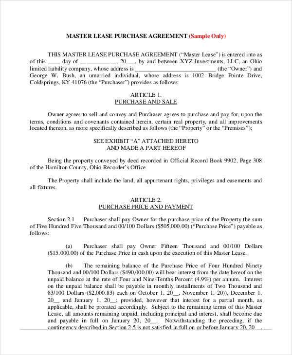 9+ Lease Purchase Agreement - Word, PDF, Google Docs, Apple Pages