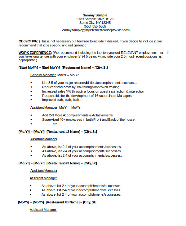 Restaurant Resume 14 Free Word PDF Documents Download