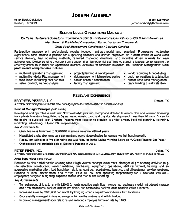 12 Operations Manager Resume Free Sample Example Format