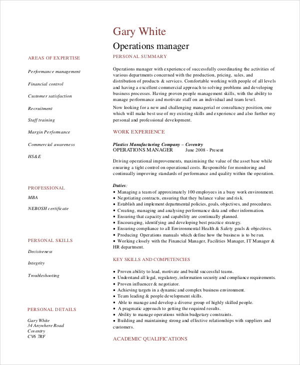 Manufacturing Operations Manager Resume