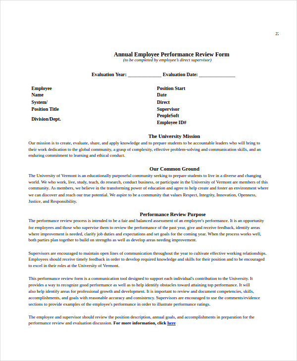 Performance Review Annual Performance Review Template