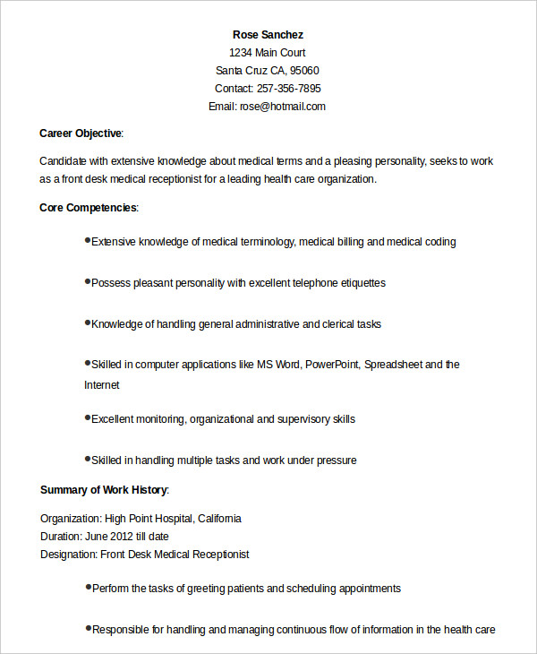5+ Medical Receptionist Resume Templates - Pdf, Doc
