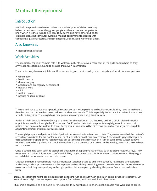 5+ Medical Receptionist Resume Templates - Pdf, Doc