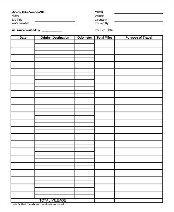 Mileage Reimbursement Form 10 Free Sample Example Format
