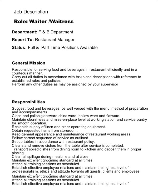 10+ Waiter Job Description Templates - PDF, DOC