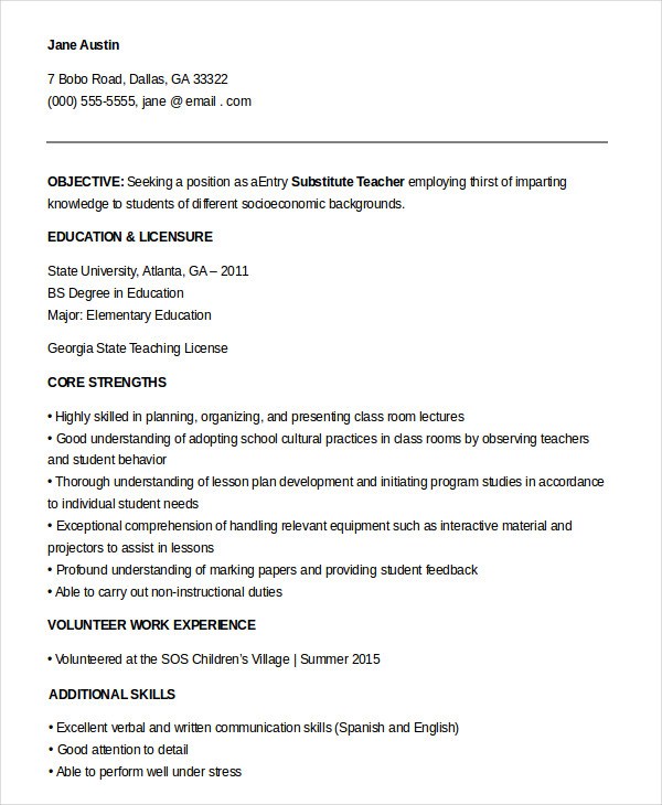 10 Substitute Teacher Resume Templates PDF DOC