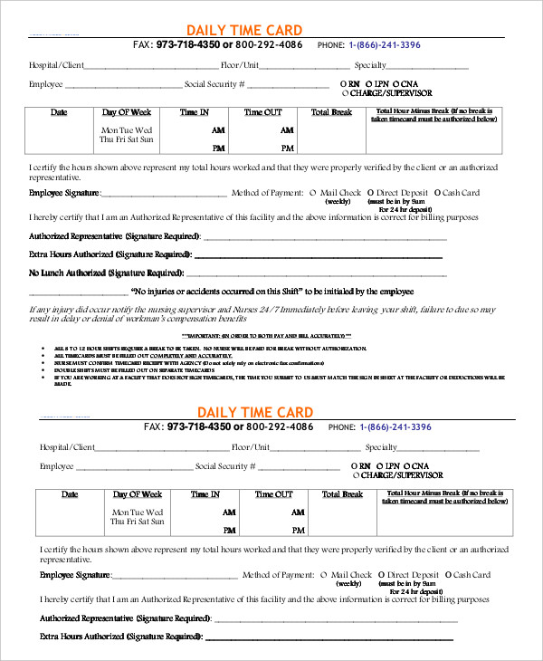 Printable Time Card Template - 12+ Free Word, Excel PDF Documents Download