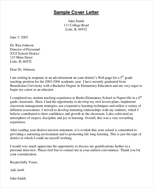 Elementary Teacher Resume Cover Letter Sample Dr Samples