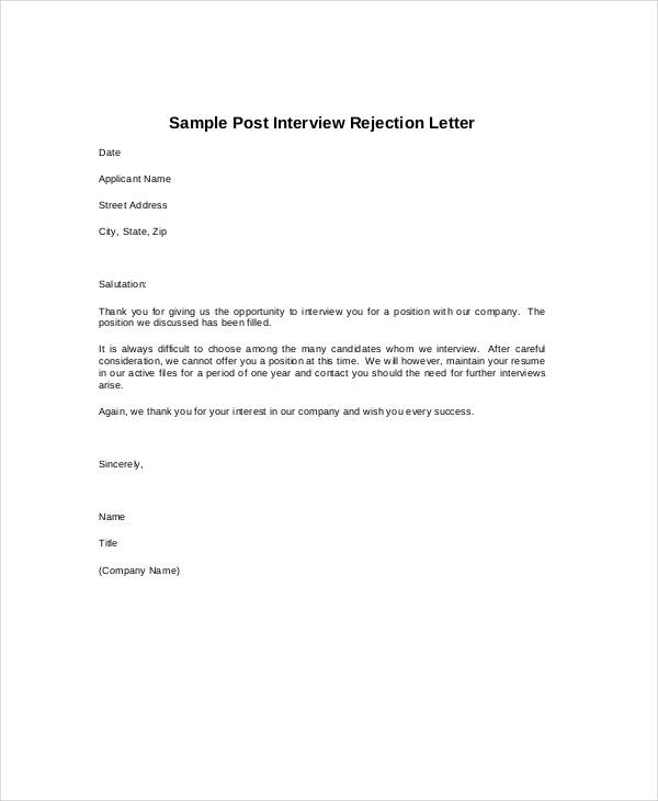 Rejection Letter Sample 10 Free Word PDF Documents Download
