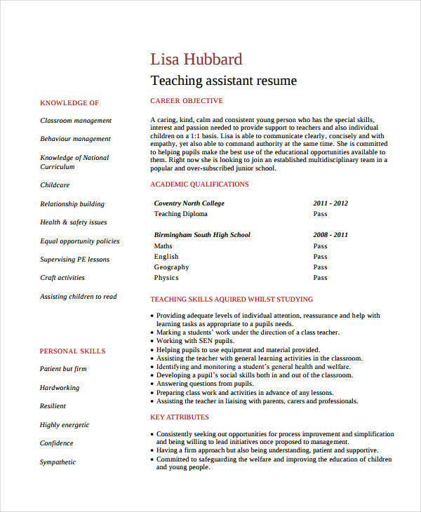 9+ Teacher Assistant Resume Templates - PDF, DOC