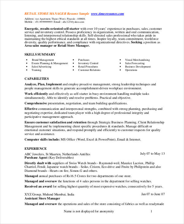 Store Manager Resume 14 PDF Word Documents Download