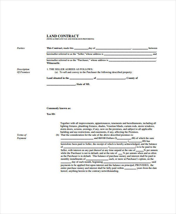 Printable Land Contract Form Printable Forms Free Online