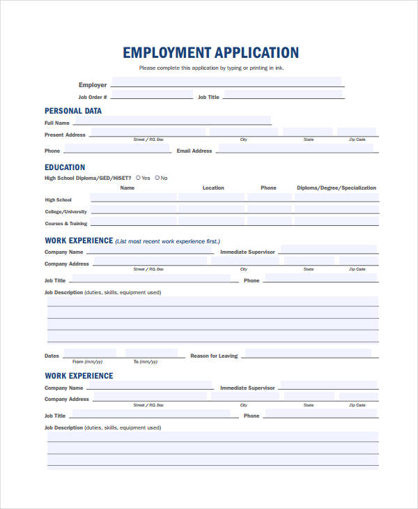 Generic Employment Application Template - 8+ Free PDF Documents Download