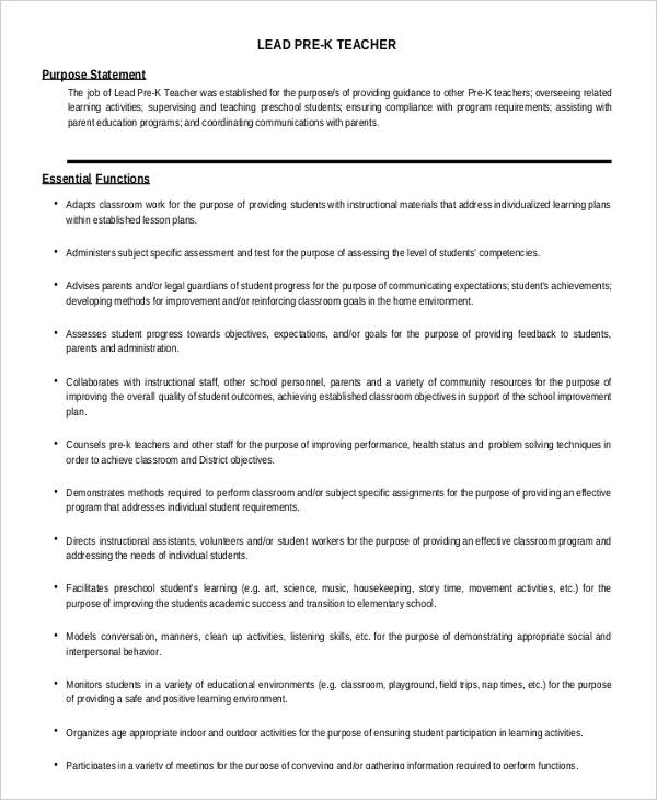 10 Preschool Teacher Job Descriptions In PDF