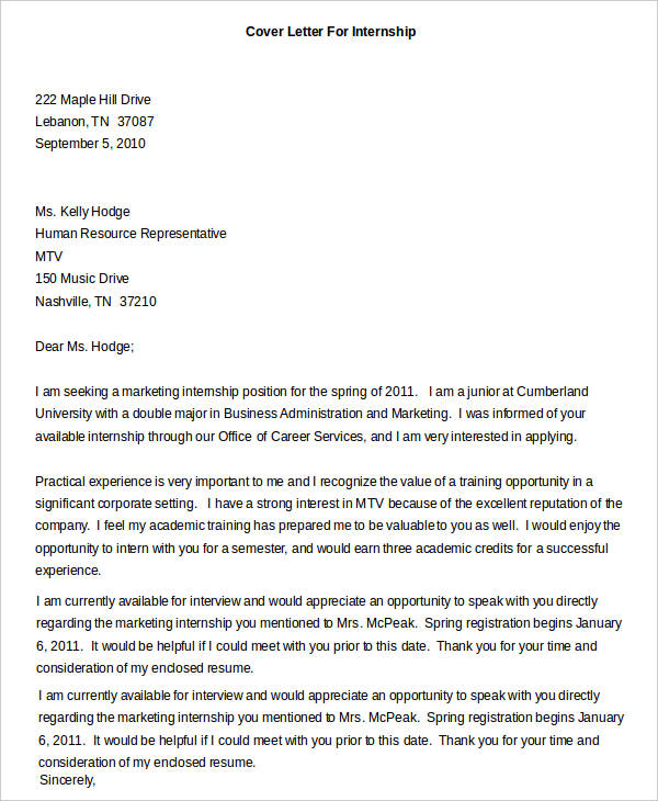Application Letter For Internship Example Writing An Internship Cover 