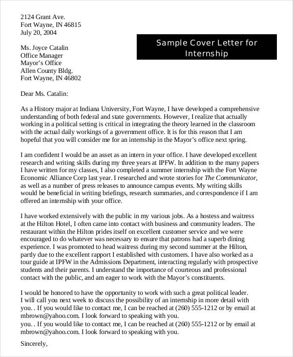 Cover Letters For Internship 7 Free Word PDF Documents Download