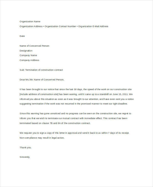 Construction Contract Termination Letter Free Employment Termination 