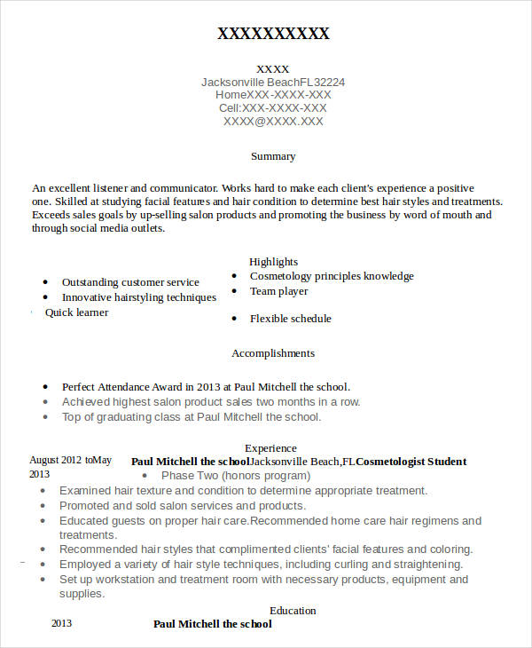 Cosmetology Resume Templates Free Printable Templates