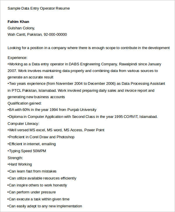 5+ Data Entry Resume Templates - PDF, DOC