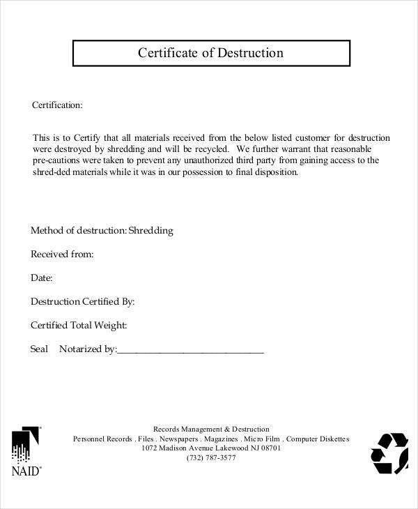 15+ Certificate Of Destruction Template - PDF, Word, AI, InDesign, PSD ...