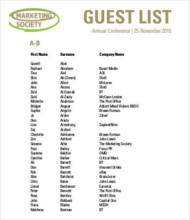 Guest List Templates - 12+ Word, PDF Documents Download
