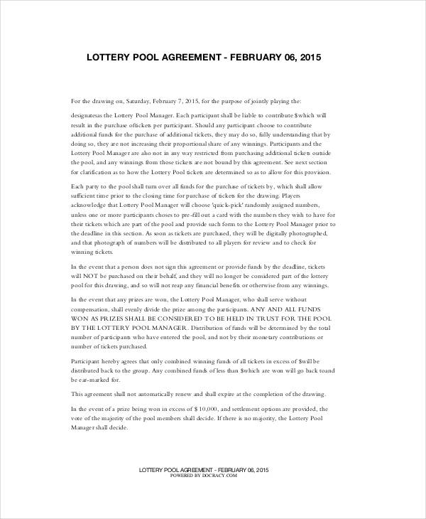 Lottery Pool Agreement Template 7 Free PDF Documents Download