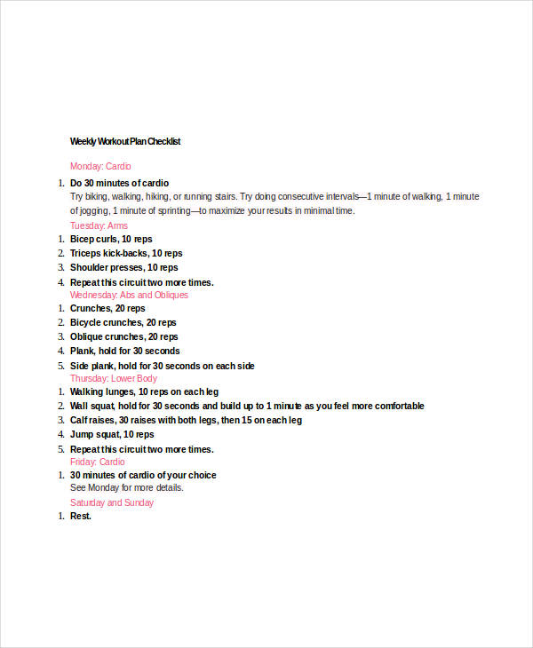 Workout Checklist Template - 9+ Free Word, PDF Format Download