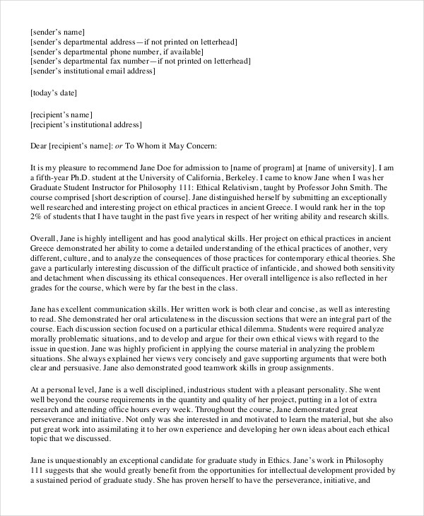 How To Write A Professional Letter Of Recommendation For Grad School Letter Of Recommendation 
