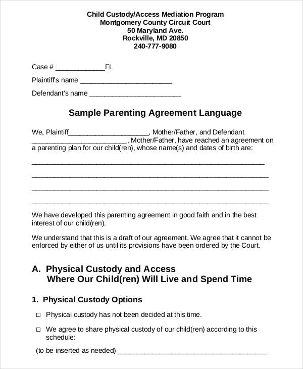 Parenting Agreement Template TUTORE ORG Master Of Documents