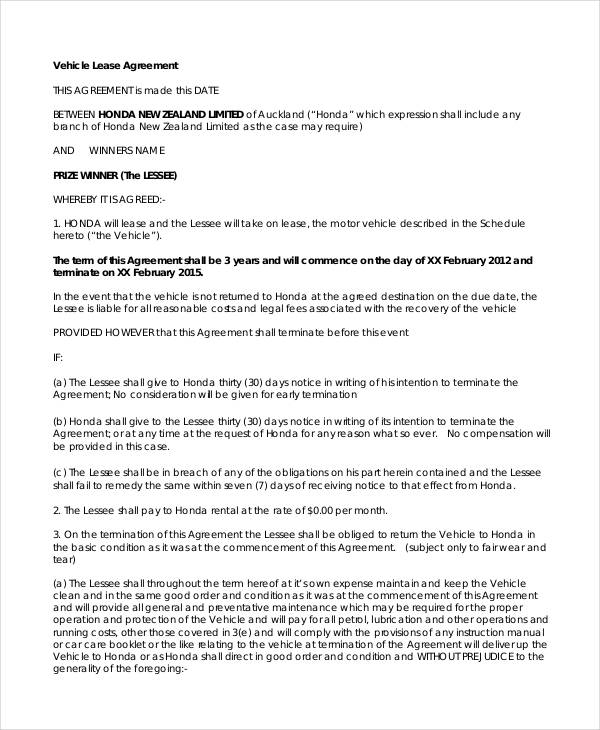 18 Vehicle Lease Agreement Templates Docs Word