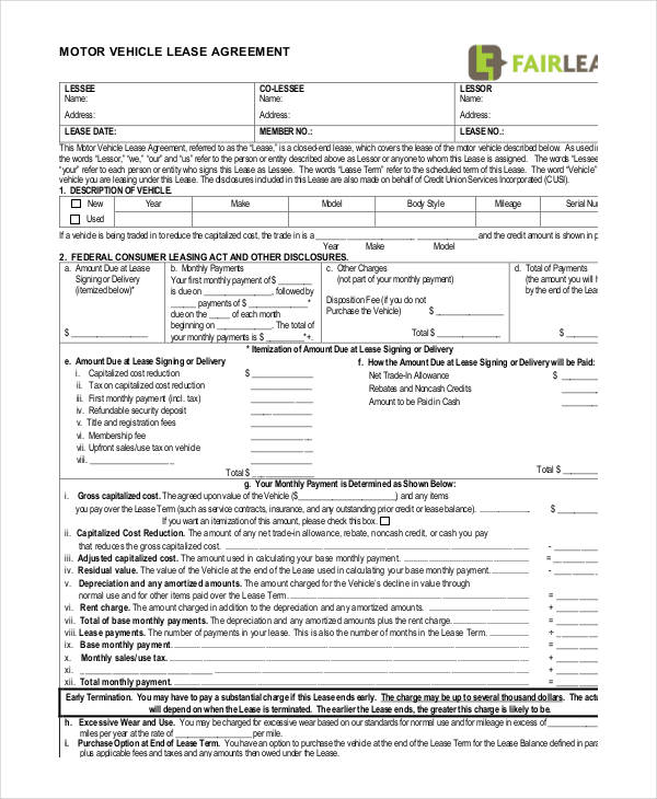 18+ Vehicle Lease Agreement Templates - Docs, Word