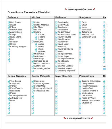 Dorm Room Checklist Template - 9+ Free Word, PDF Documents Download