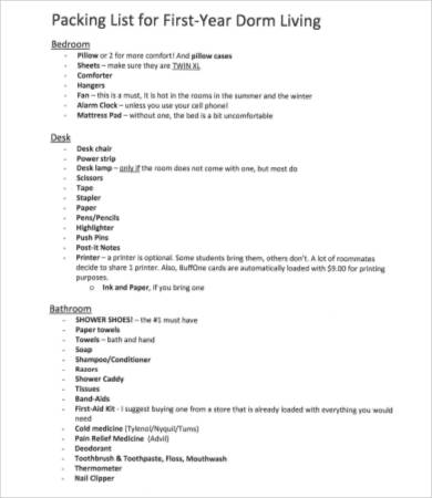 Dorm Room Checklist Template - 9+ Free Word, PDF Documents Download