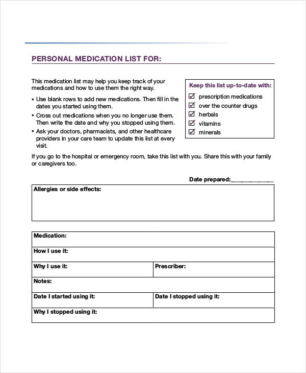 Printable Medication List - 8+ Free PDF Documents Download