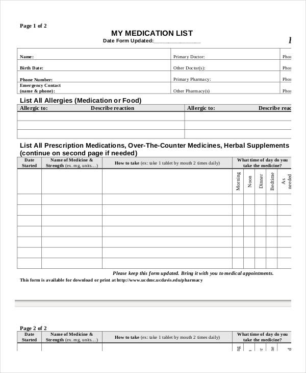 Printable Medication List - 8+ Free PDF Documents Download