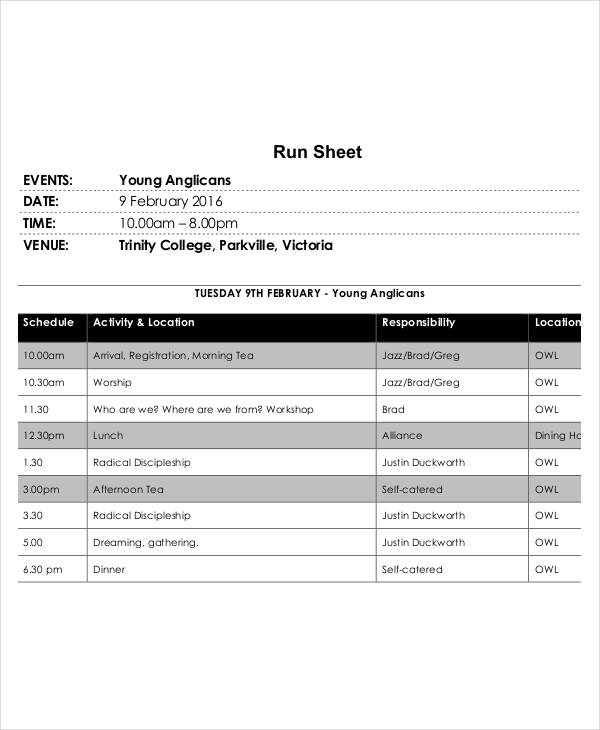 Run Sheet Template - 11+ Free Sample, Example, Format