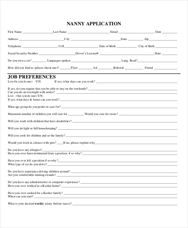Nanny Application Templates - 6+ Free Word,PDF Document Download