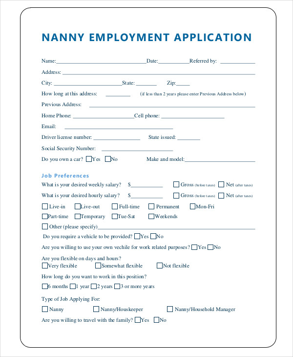 Nanny Application Templates - 6+ Free Word,PDF Document Download