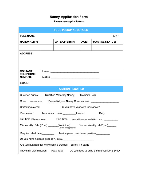Nanny Application Templates - 6+ Free Word,PDF Document Download