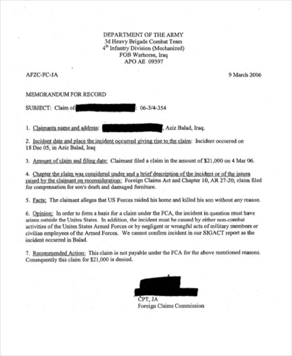 Us Army Memorandum For Record Template HQ Printable Documents