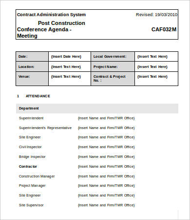 10+ Simple Construction Meeting Agenda Templates in Word | Google Docs ...