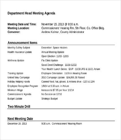 Department Meeting Agenda Template - 11+ Word, PDF Documents Download