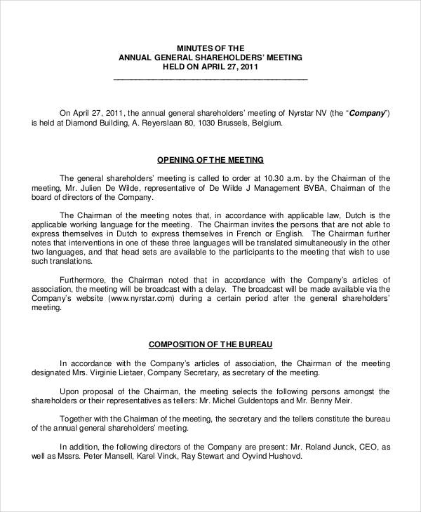 Minutes Of Shareholders Meeting Template The Best Professional Template
