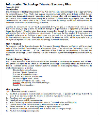 IT Disaster Recovery Plan Template - 9+ Word, PDF Documents Download