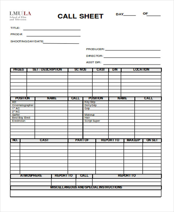 20 Call Sheet PDF Word Apple Pages