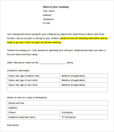 Babysitter Information Sheet Template - 7+ Free Word, PDF Documents ...